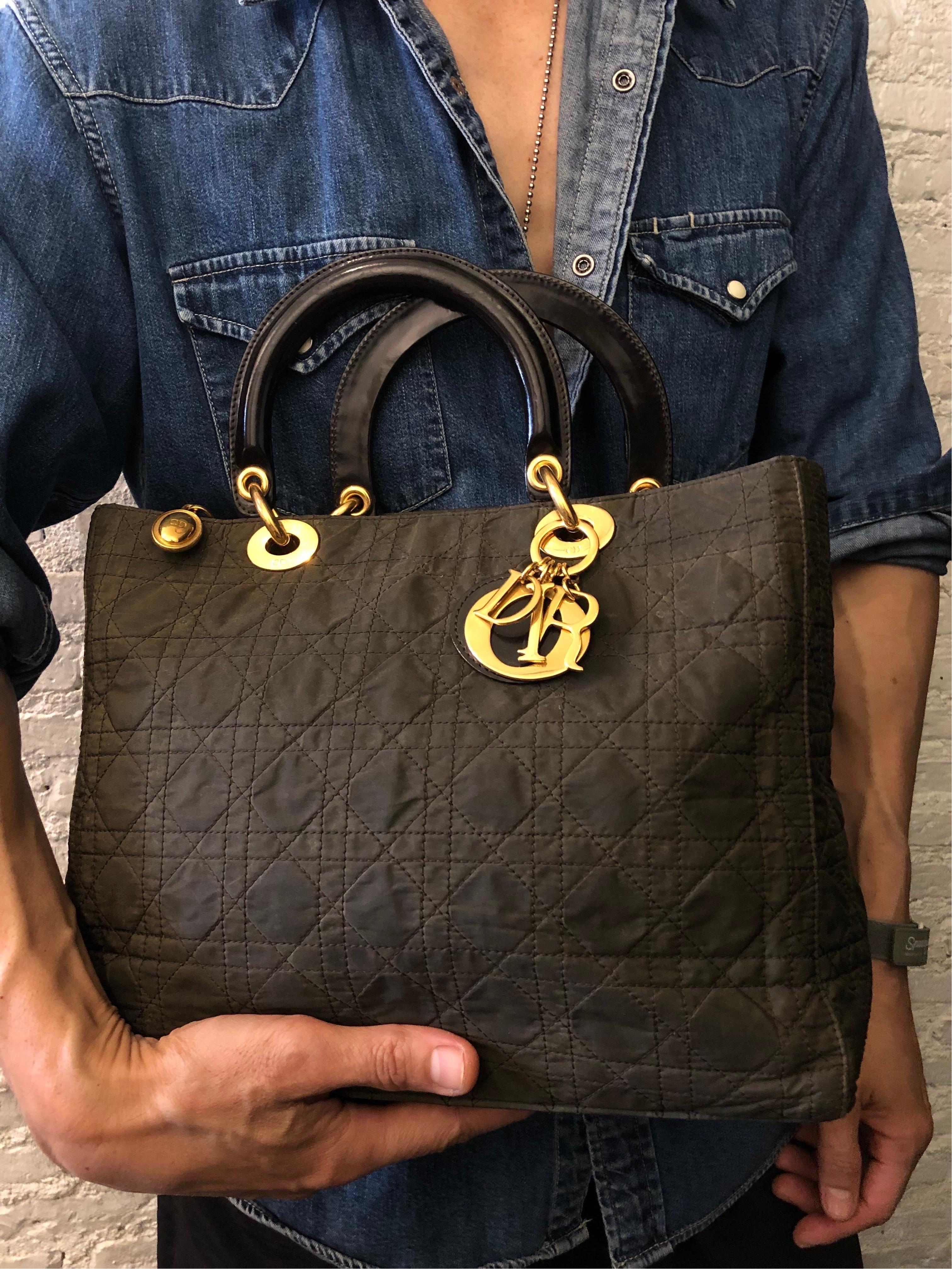 1990s Vintage CHRISTIAN DIOR Nylon Cannage Lady Dior Handbag Dark Brown ...