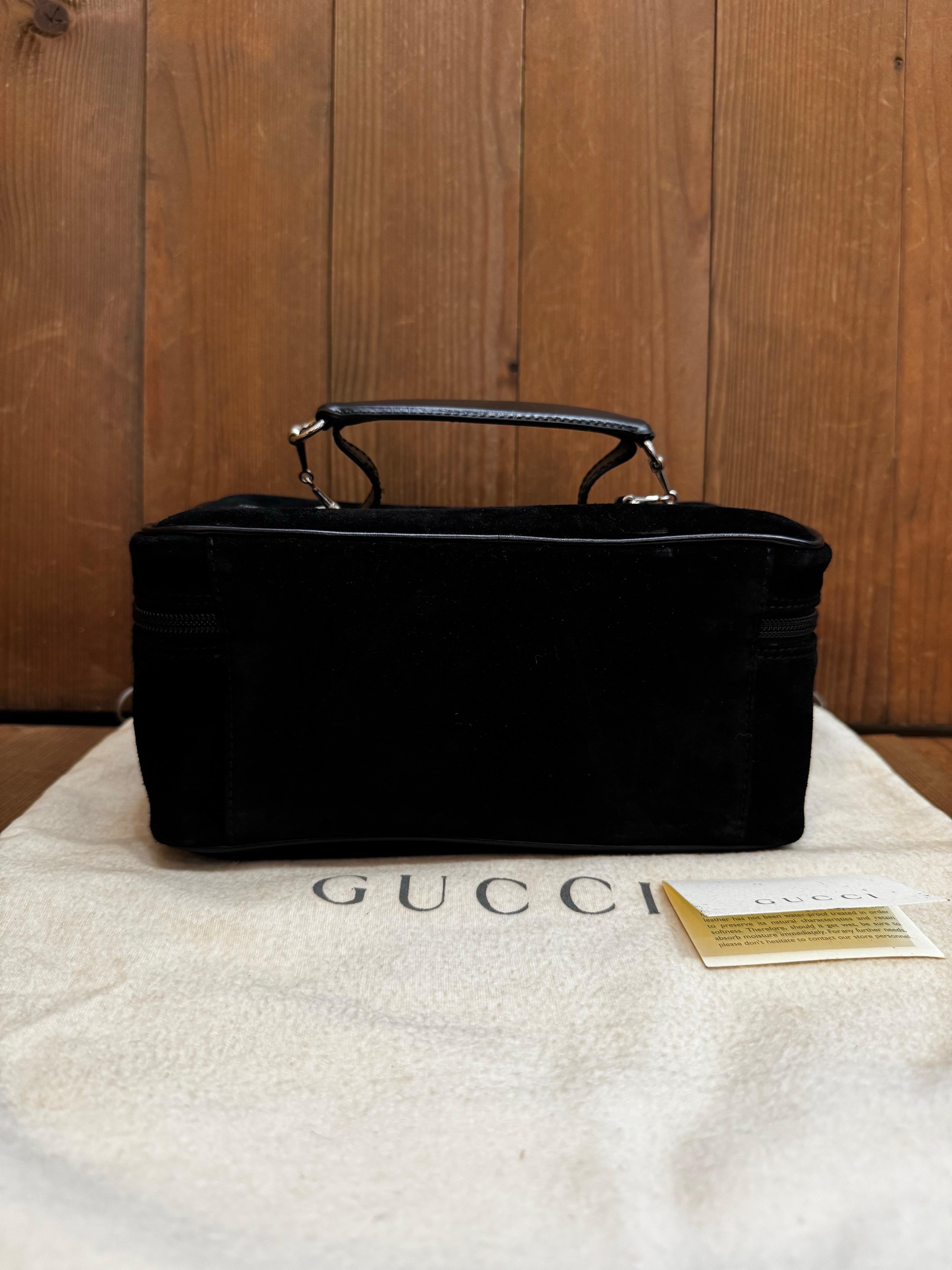1990s Vintage GUCCI Horsebit Nubuck Vanity Case Handbag Black For Sale ...