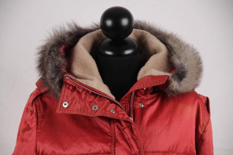 CHRISTIAN DIOR Red SHORT PUFFER JACKET Hooded w/ Fur Trim SIZE MEDIUM ...
