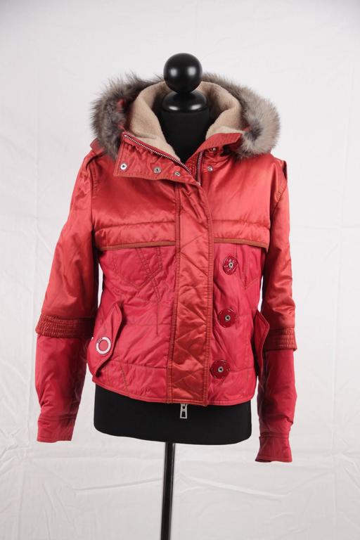 CHRISTIAN DIOR Red SHORT PUFFER JACKET Hooded w/ Fur Trim SIZE MEDIUM ...