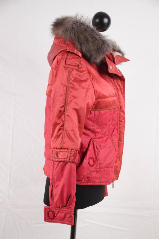 CHRISTIAN DIOR Red SHORT PUFFER JACKET Hooded w/ Fur Trim SIZE MEDIUM ...