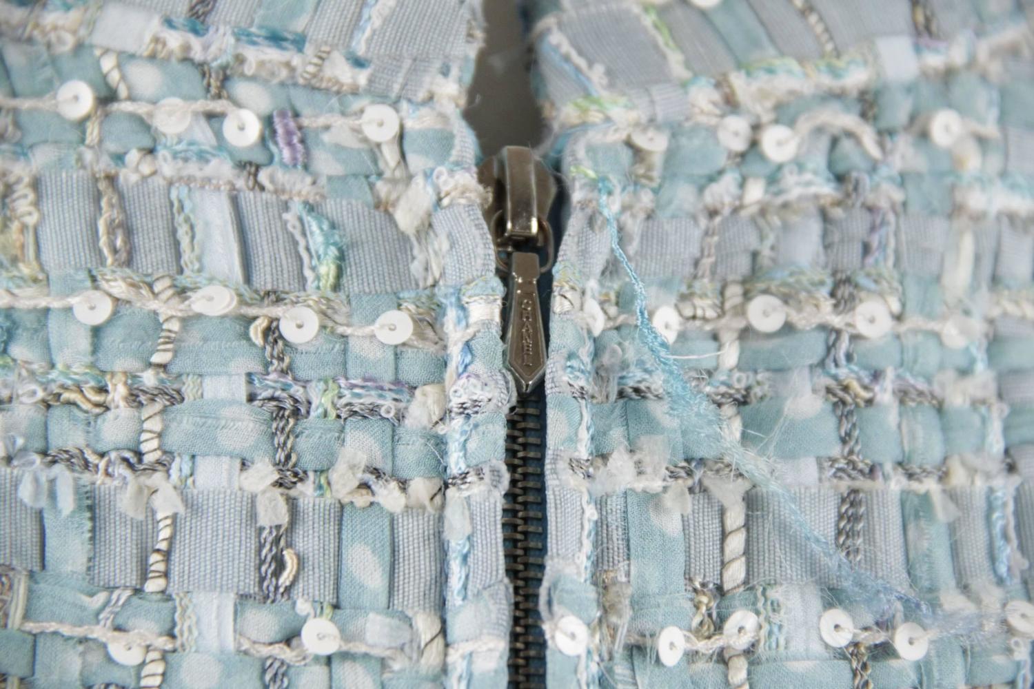 CHANEL Light Blue WOVEN Silk Blend ZIP JACKET Size 38 For Sale at 1stdibs