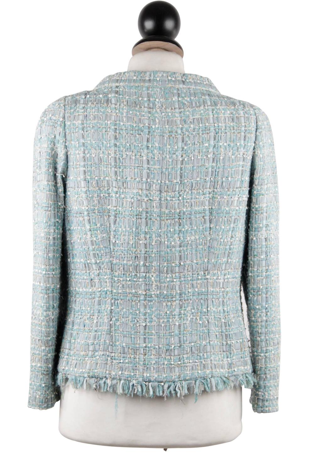 CHANEL Light Blue WOVEN Silk Blend ZIP JACKET Size 38 For Sale at 1stdibs