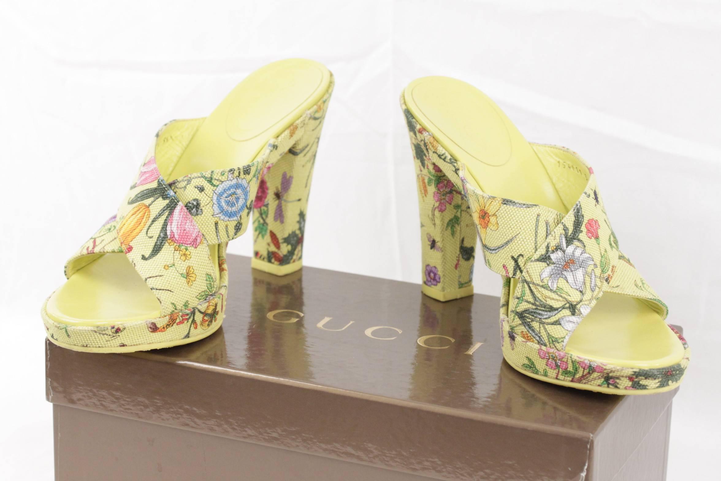 GUCCI Green Floral Fabric HEELED SANDALS Shoes PUMPS Size 36 1/2 For ...