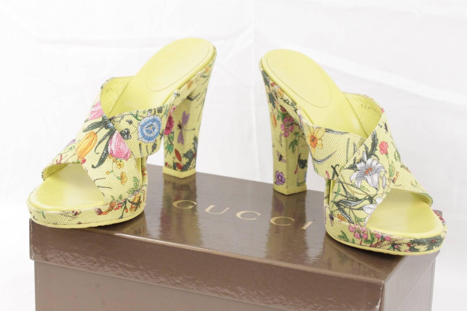 GUCCI Green Floral Fabric HEELED SANDALS Shoes PUMPS Size 36 1/2 For ...