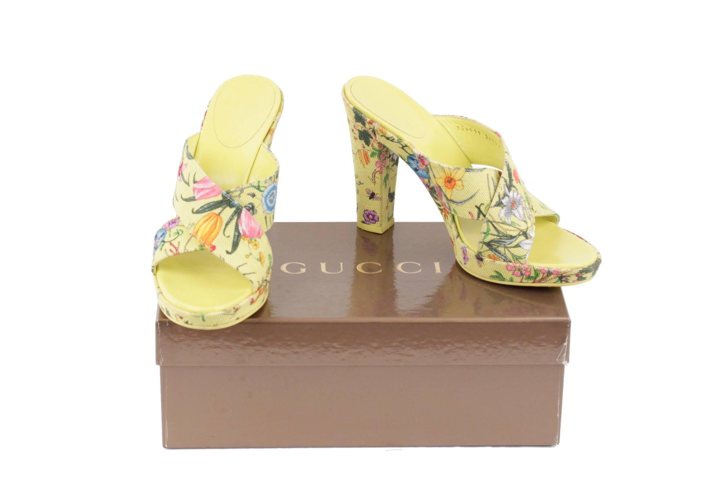 GUCCI Green Floral Fabric HEELED SANDALS Shoes PUMPS Size 36 1/2 For ...