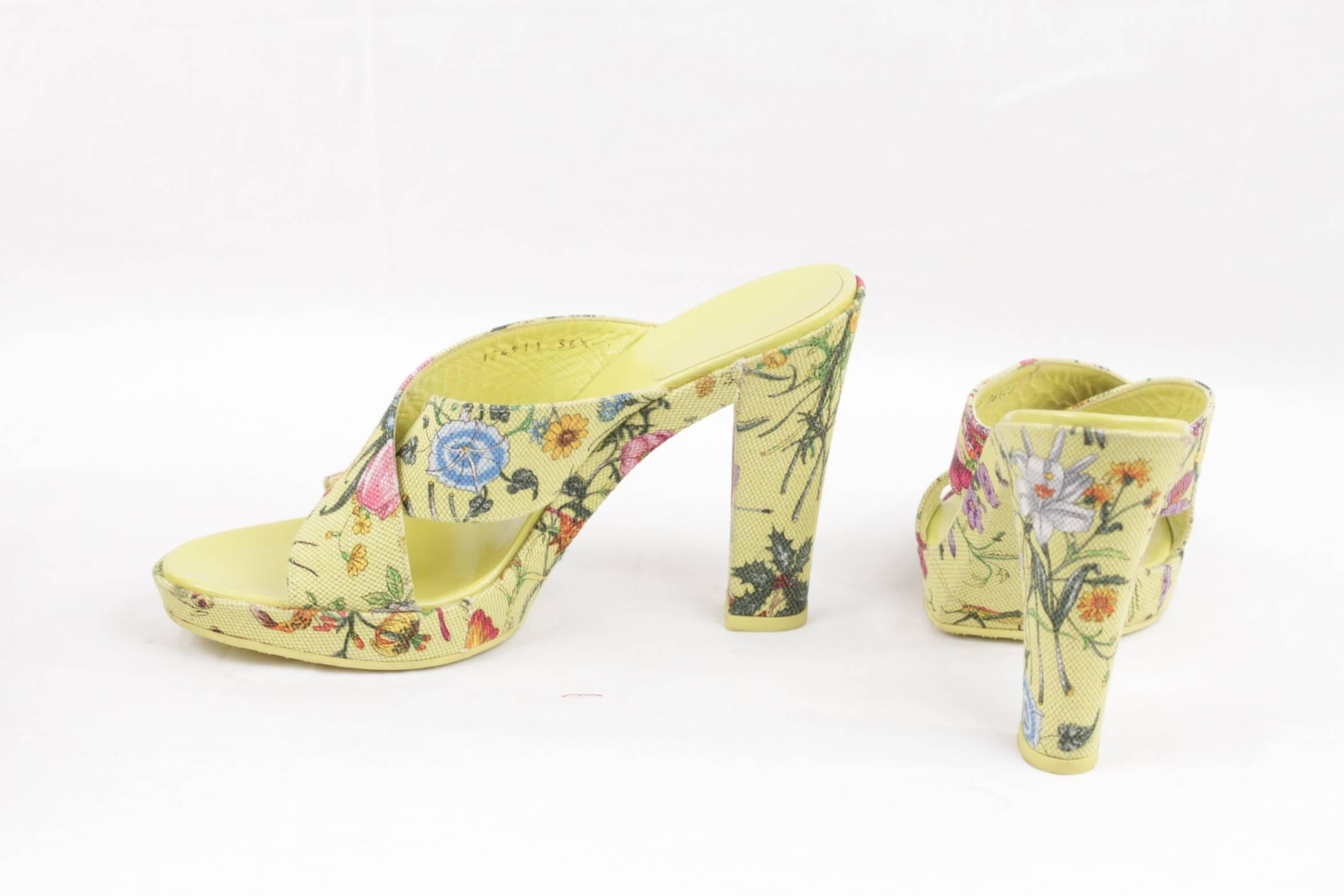 GUCCI Green Floral Fabric HEELED SANDALS Shoes PUMPS Size 36 1/2 For ...