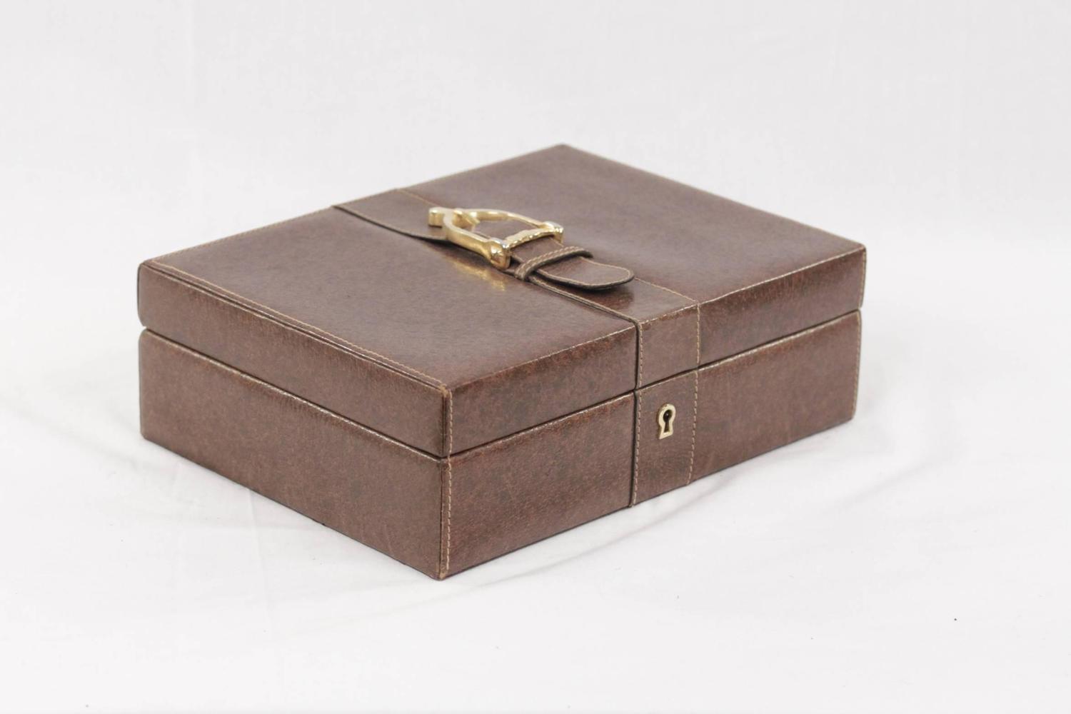 GUCCI VINTAGE Brown Leather BOX JEWELRY CASE w/ STIRRUP Detail HOME ...