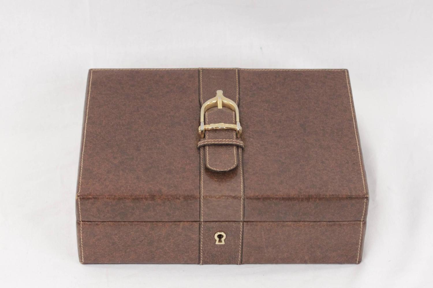 GUCCI VINTAGE Brown Leather BOX JEWELRY CASE w/ STIRRUP Detail HOME ...