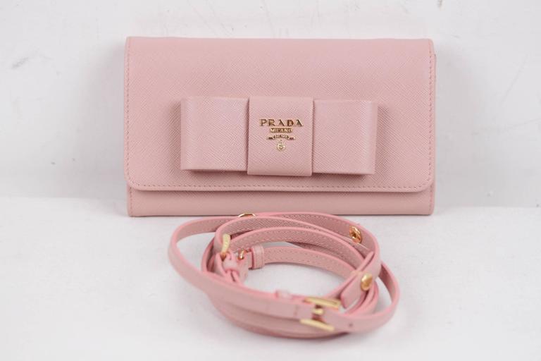 PRADA Pink Leather SAFFIANO FIOCCO Ribbon STRAP WALLET Purse WOC 1M1437 ...