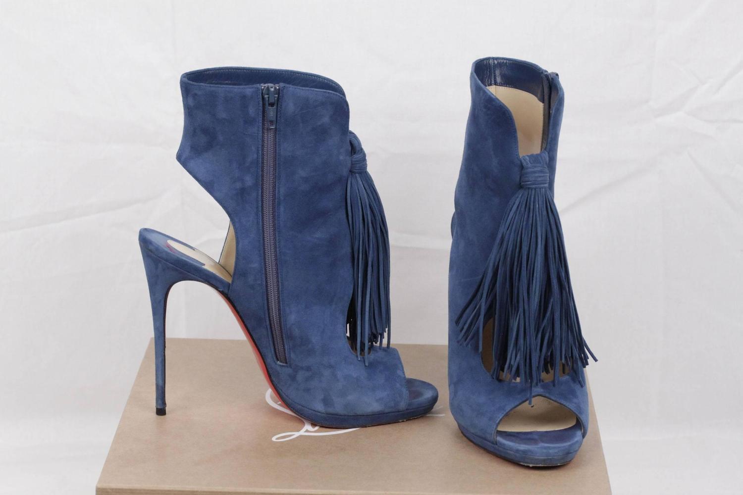 CHRISTIAN LOUBOUTIN Blue Suede OTOKA Tassel ANKLE BOOTS Open Toe SIZE ...