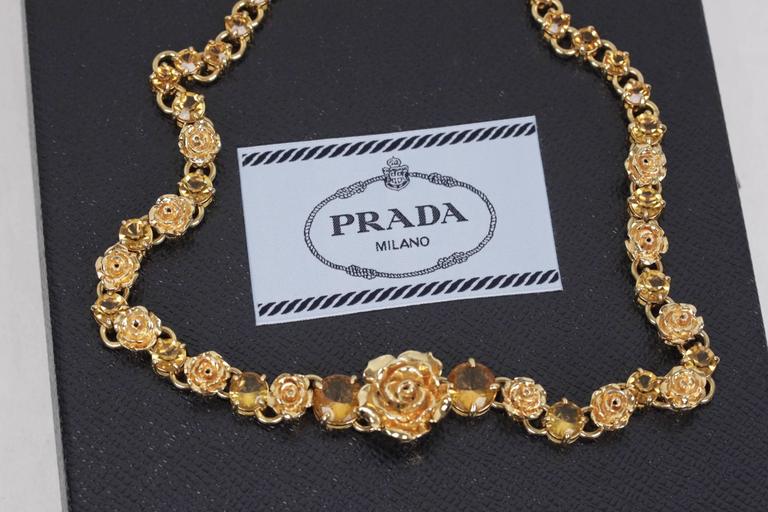 PRADA Gold Metal RHINESTONES Roses NECKLACE w/ BOX For Sale at 1stDibs