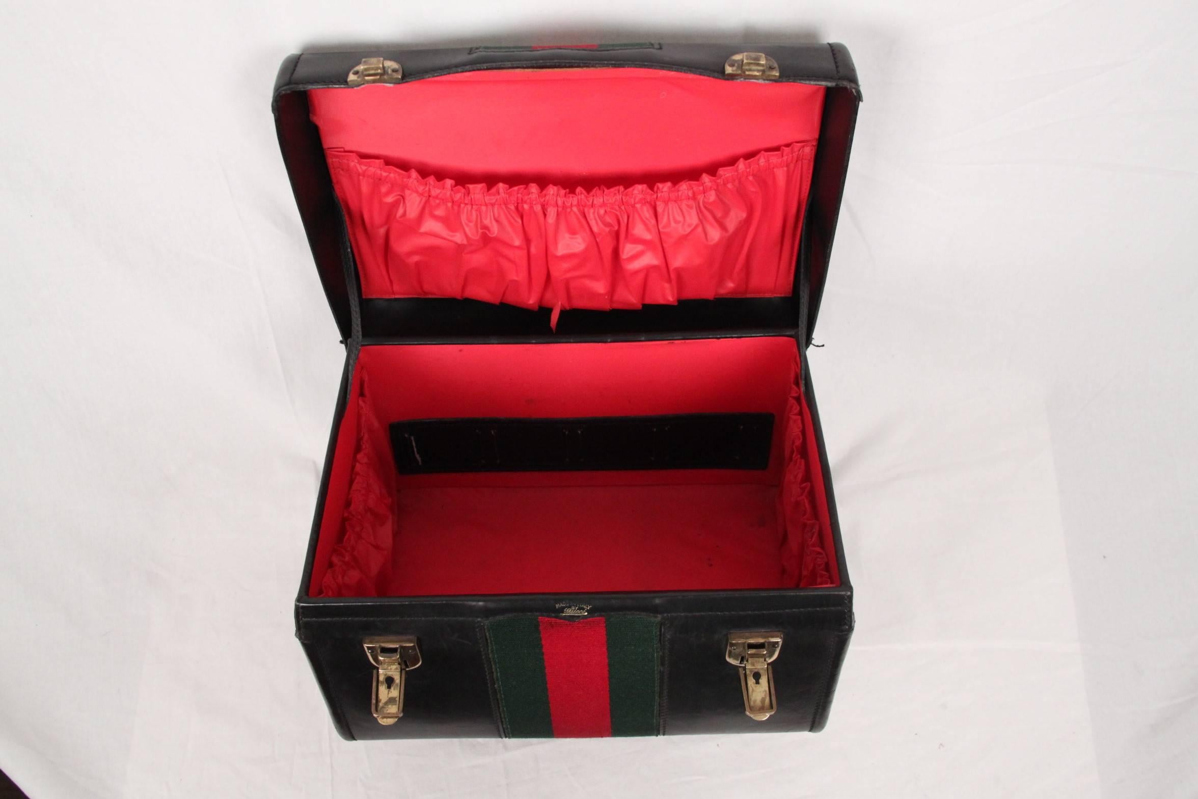 GUCCI VINTAGE Black Leather HARD TRAIN CASE Beauty w/ STRIPES For Sale ...