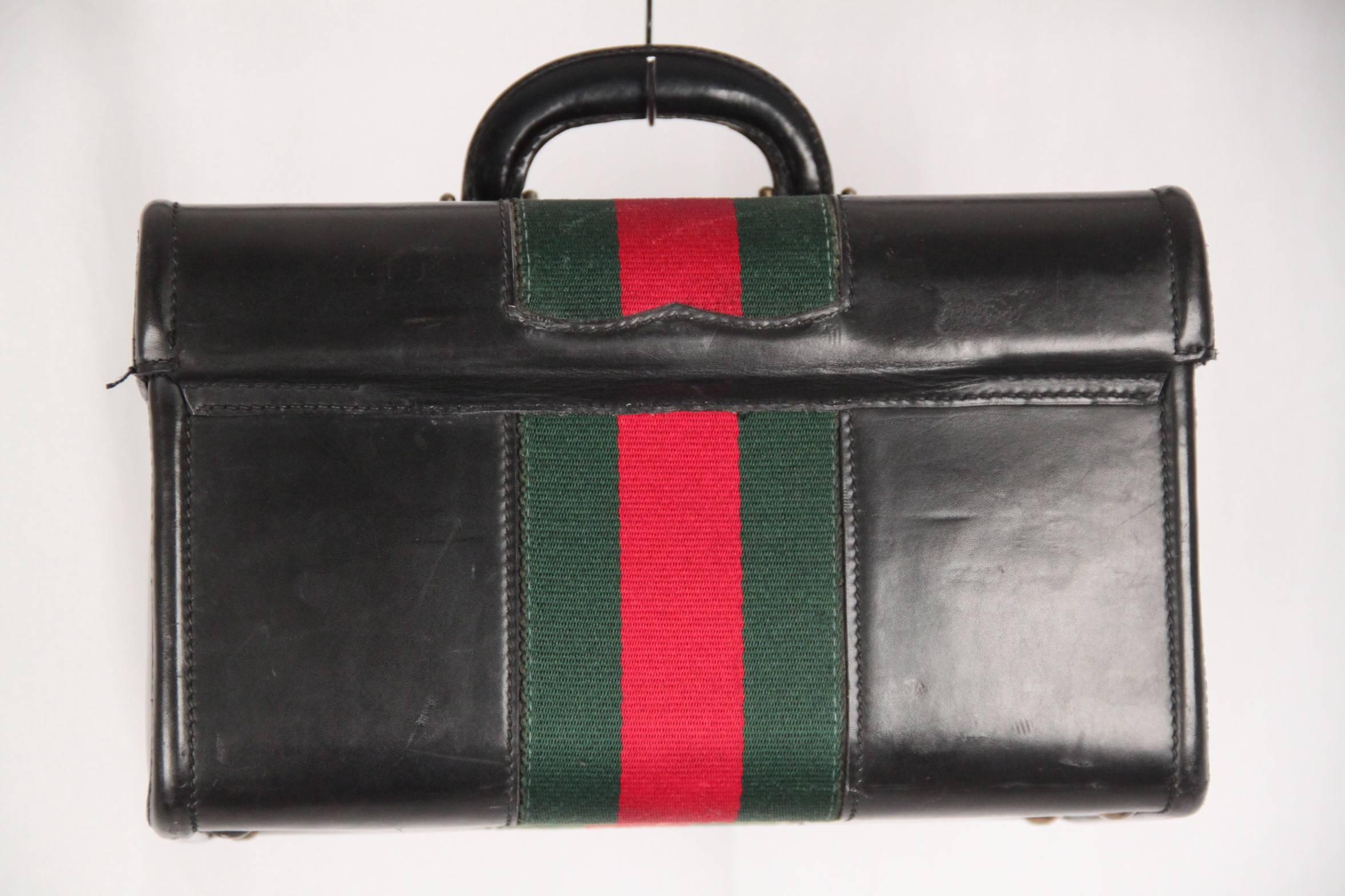GUCCI VINTAGE Black Leather HARD TRAIN CASE Beauty w/ STRIPES For Sale ...