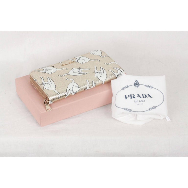 Mu Miu Gold Metal Leather Cat Print Duchesse Zip Wallet Purse For Sale ...