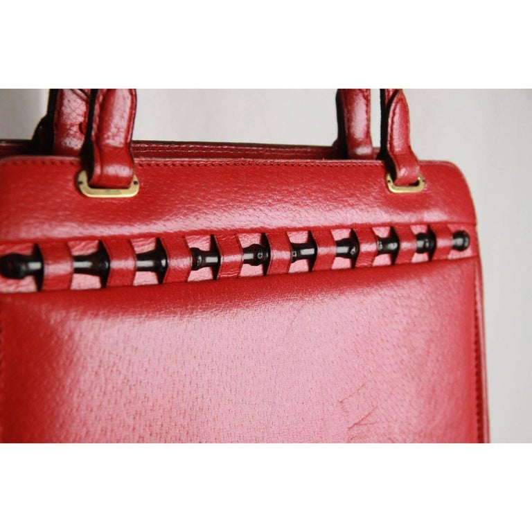 GUCCI VINTAGE Red Leather HANDBAG w/ BAMBOO Detail RARE For Sale at ...