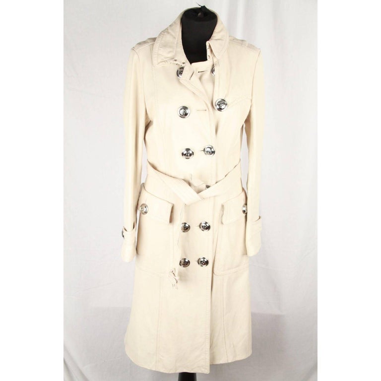 BURBERRY Ivory Leather TRENCH COAT Double Breasted w/ BELT Size 42 For ...