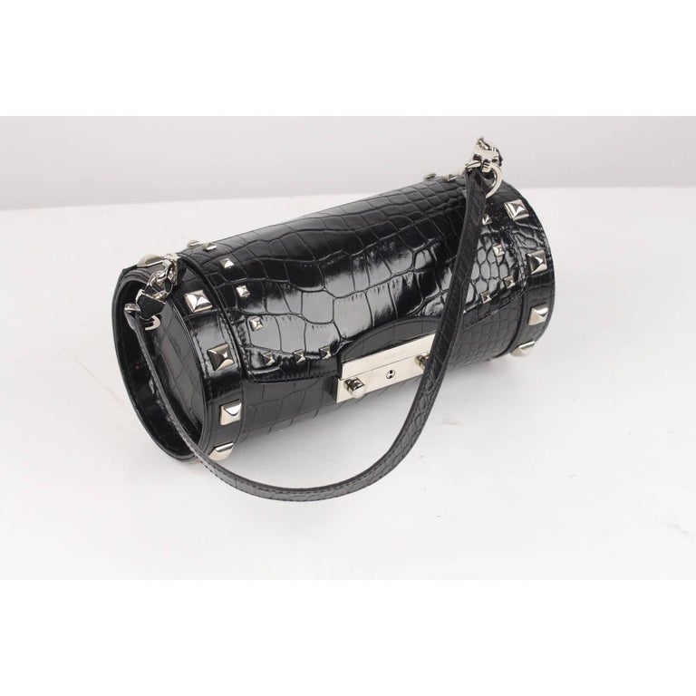 VERSACE Black Embossed Leather Cylinder Box Bag with Studs For Sale at ...