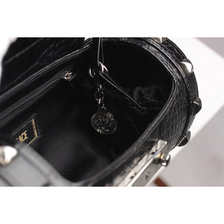 VERSACE Black Embossed Leather Cylinder Box Bag with Studs For Sale at ...