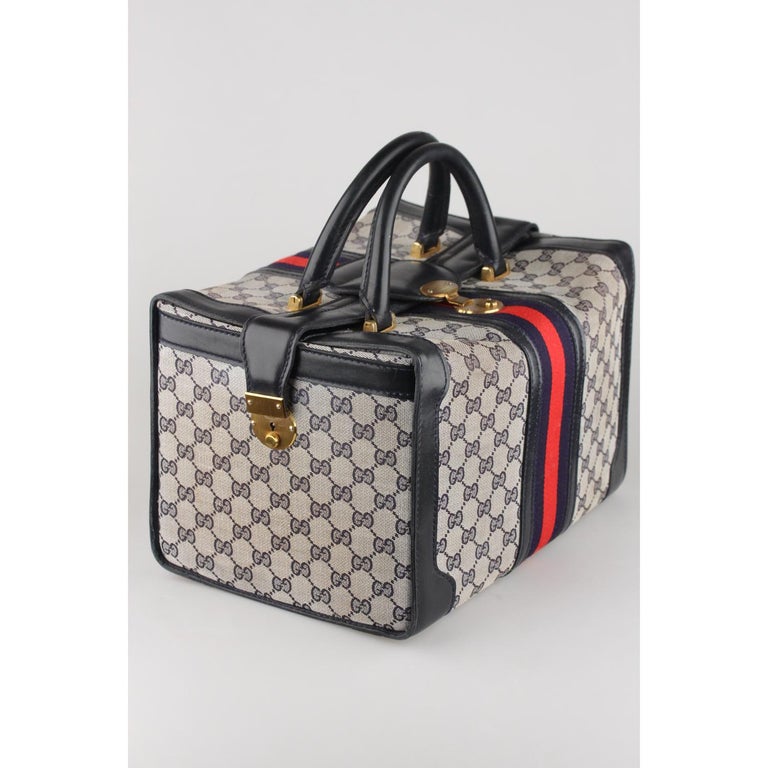 Gucci Vintage Blue Monogram Canvas Train Case Beauty with Stripes For ...