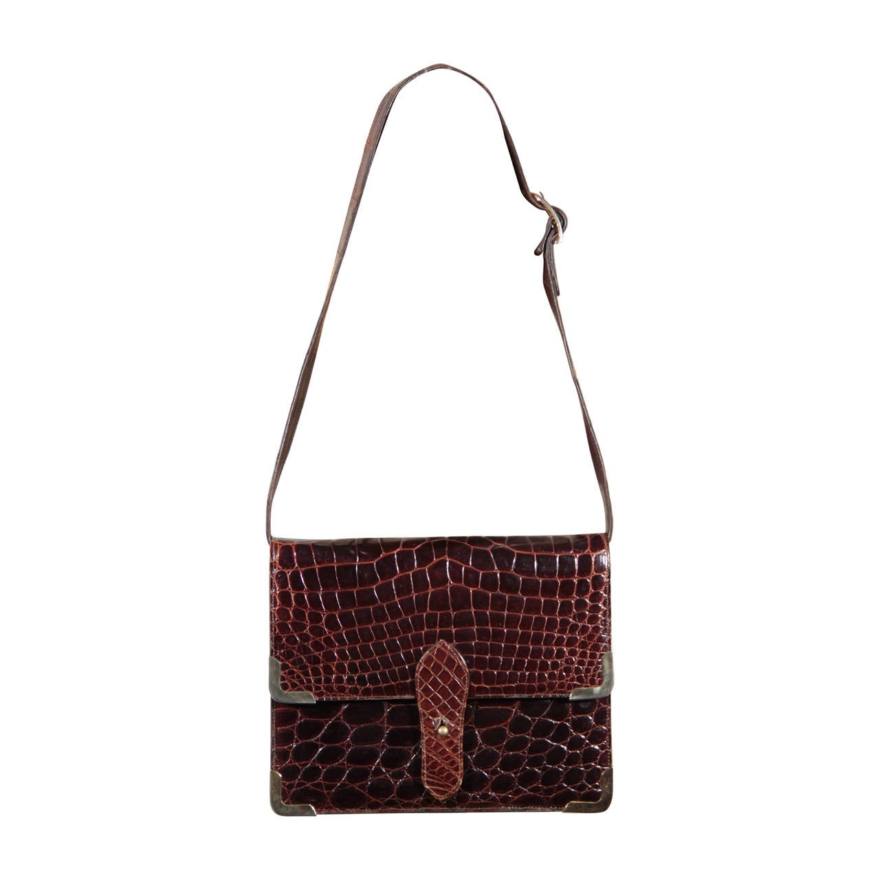 STAFF ROMA Italian VINTAGE Brown CROCODILE SKIN SHOULDER BAG Flat Purse ...