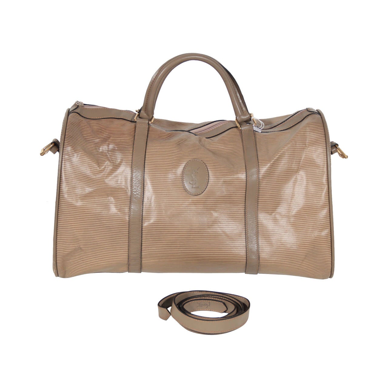 YVES SAINT LAURENT Tan Striped Vinyl Canvas WEEKENDER Overnight TRAVEL YVES SAINT LAURENT Tan Striped Vinyl Canvas WEEKENDER Overnight TRAVEL