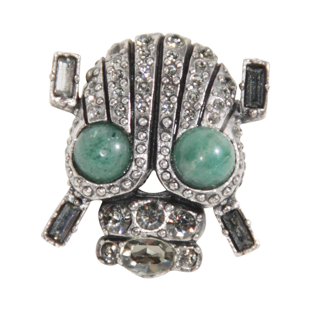 LANVIN Silver metal RHINESTONES SKULL RING w/ Green Hard Stones SIZE 55 ...
