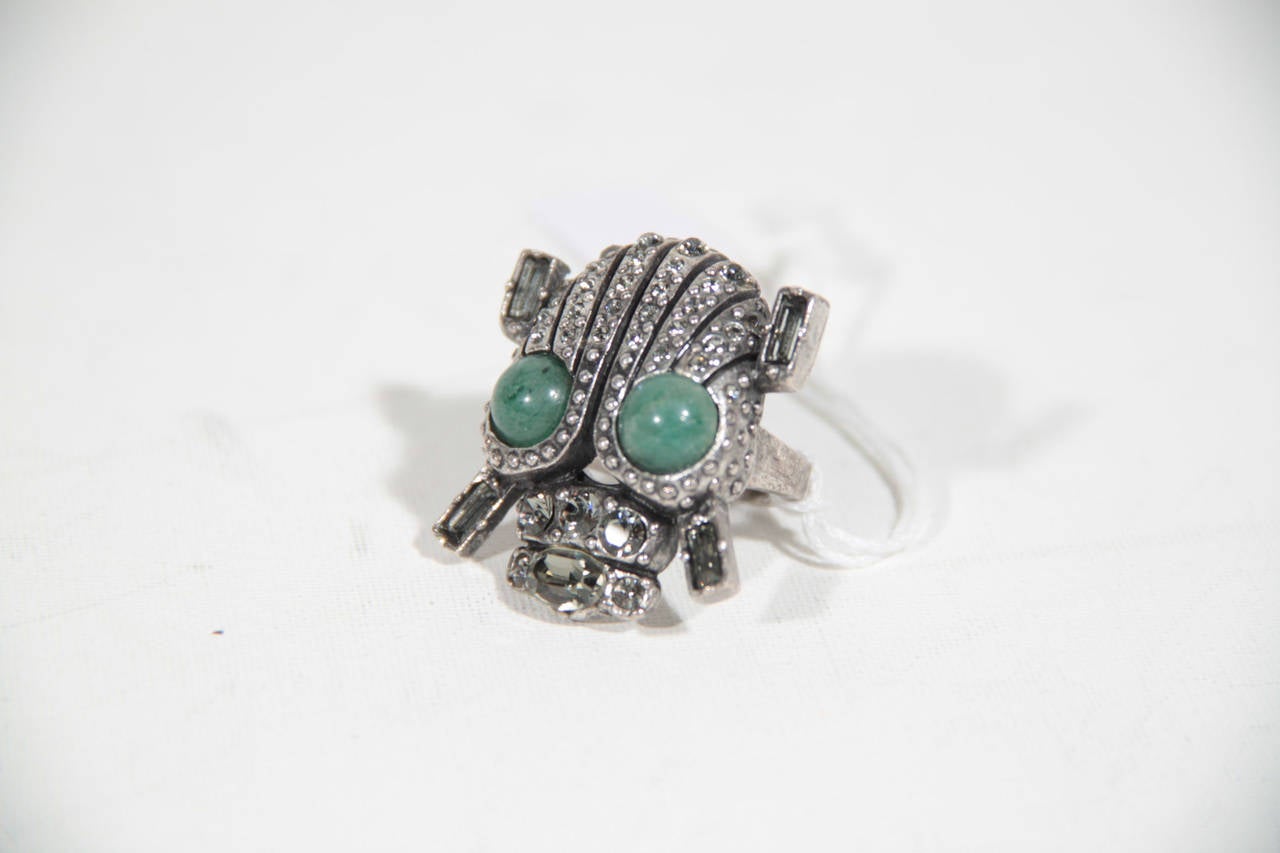 LANVIN Silver metal RHINESTONES SKULL RING w/ Green Hard Stones SIZE 55 ...