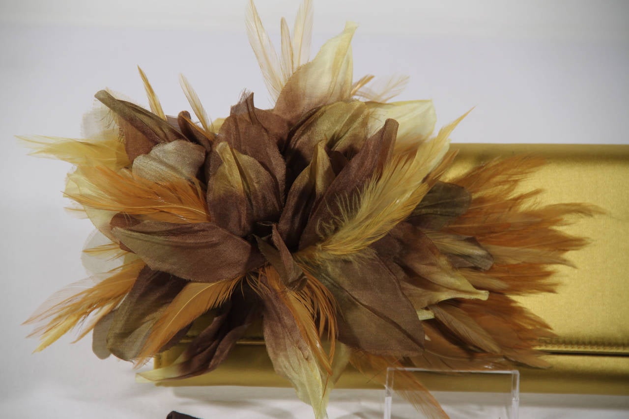 GUCCI Auth Yellow Satin ANGELICA CLUTCH Handbag EVENING BAG Feather ...