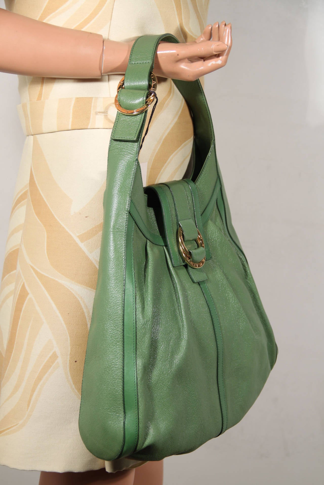 BULGARI BVLGARI Italian Authentic Green Leather CHANDRA BAG Shoulder ...