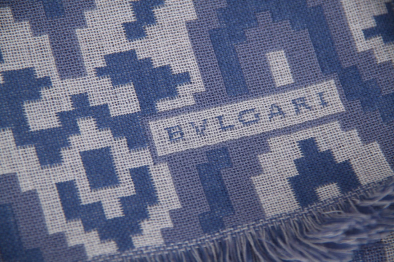 BULGARI BVLGARI Italian Blue Wool WRAP SCARF Geometric Pattern w/ BOX ...