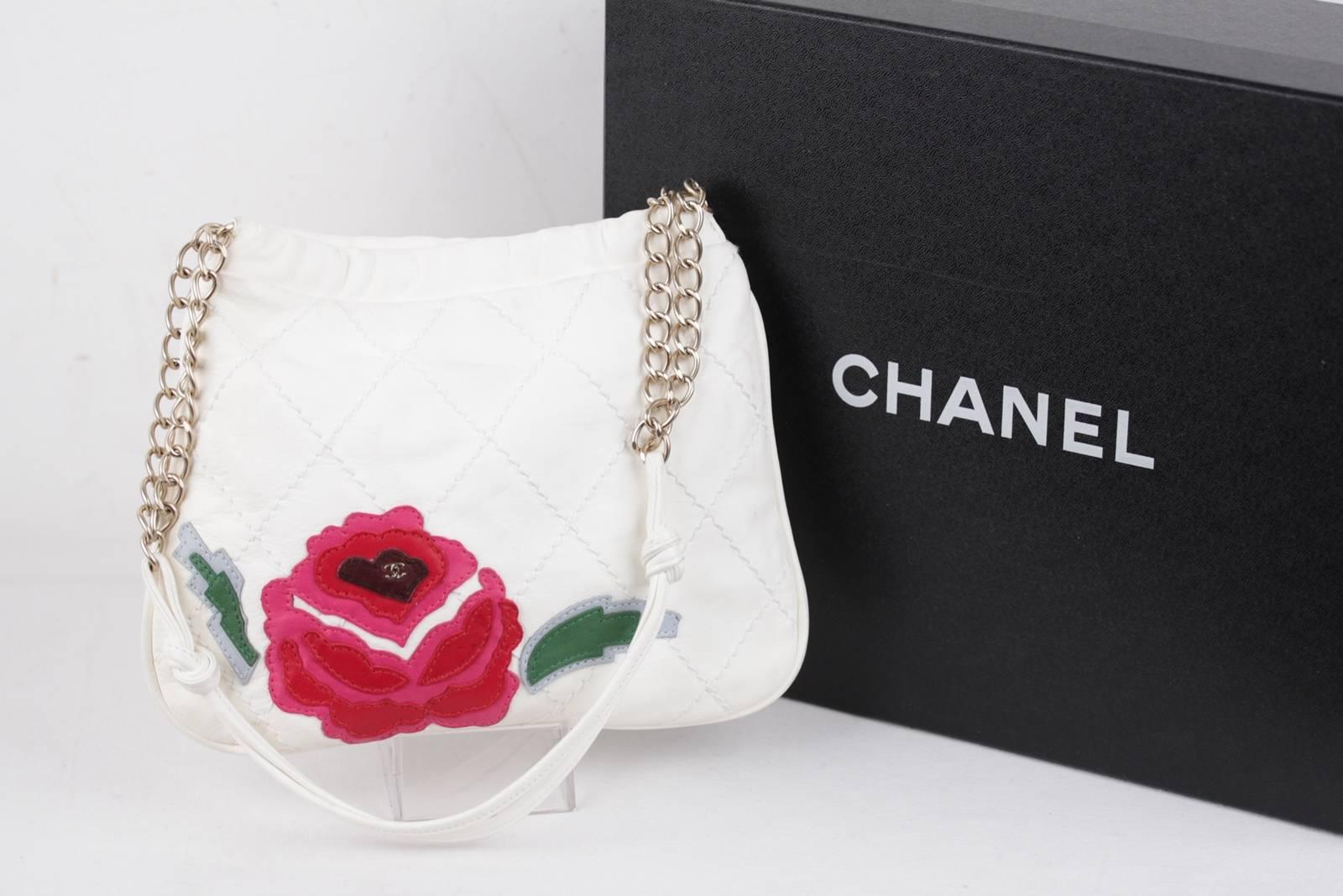 CHANEL White QUILTED Leather HANDBAG Purse TOTE w/ FLOWER Applique at ...