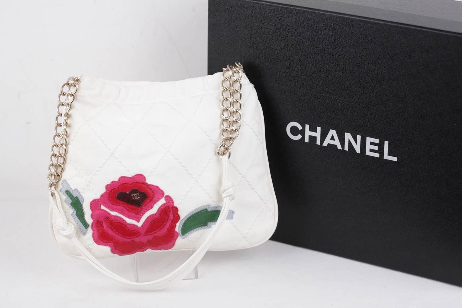 CHANEL White QUILTED Leather HANDBAG Purse TOTE w/ FLOWER Applique at ...