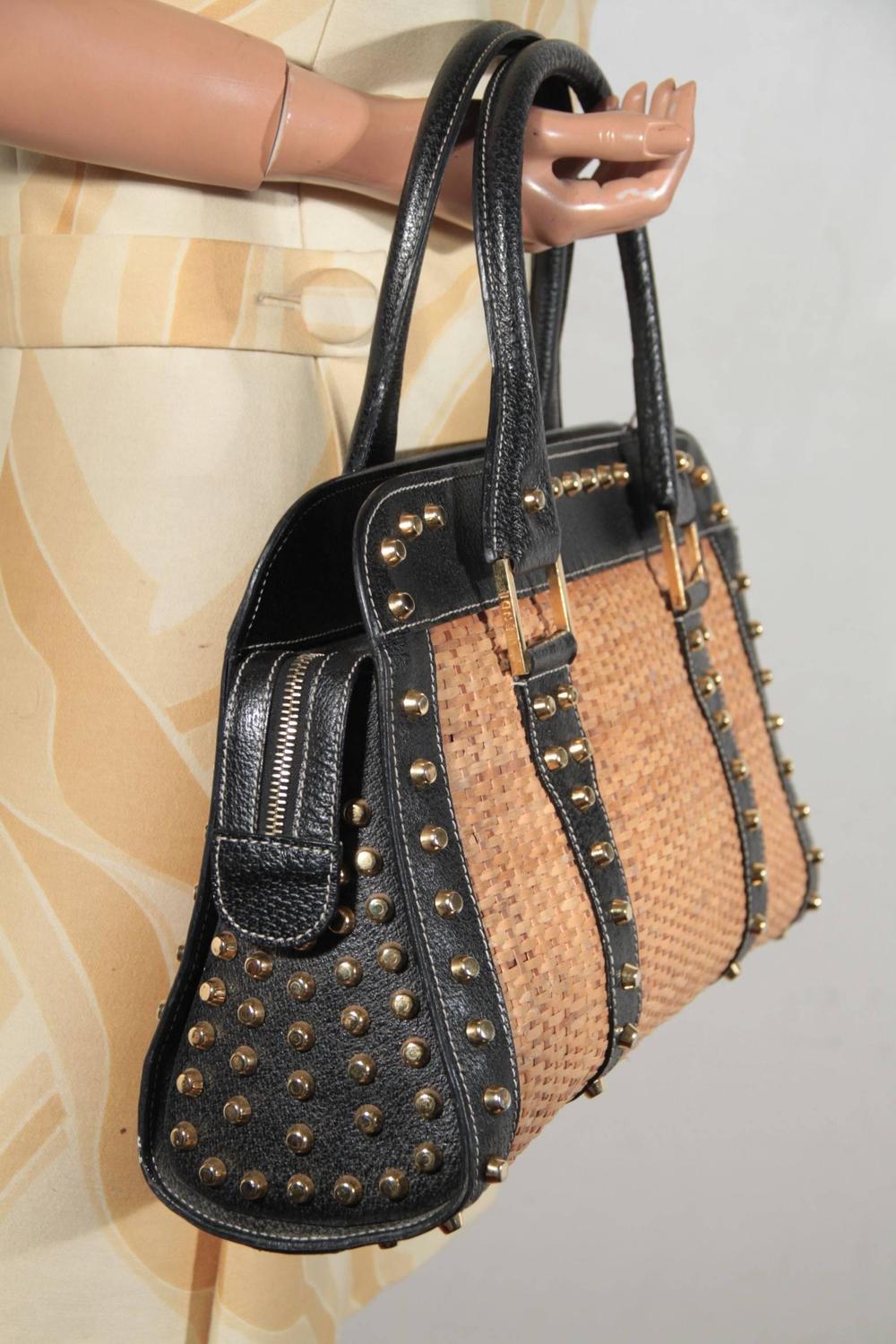 FENDI Italian STRAW and Black Leather STUDDED LARGE TOTE Handbag ...