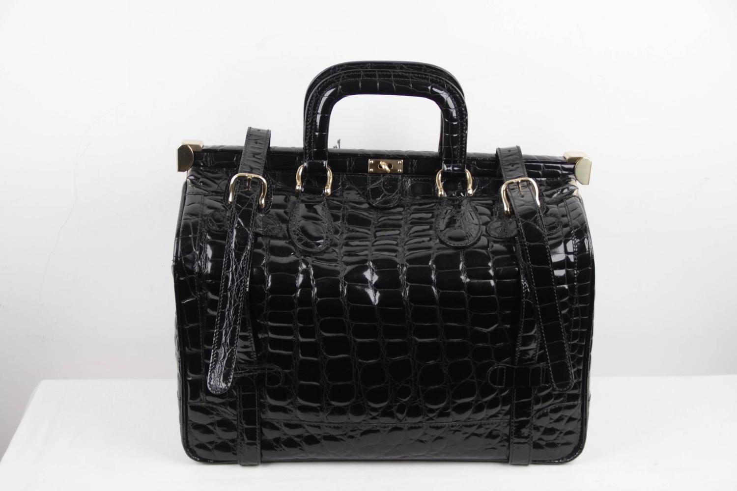 ALDO RAFFA Italian Black EMBOSSED Patent Leather TRAVEL BAG Carry On ...
