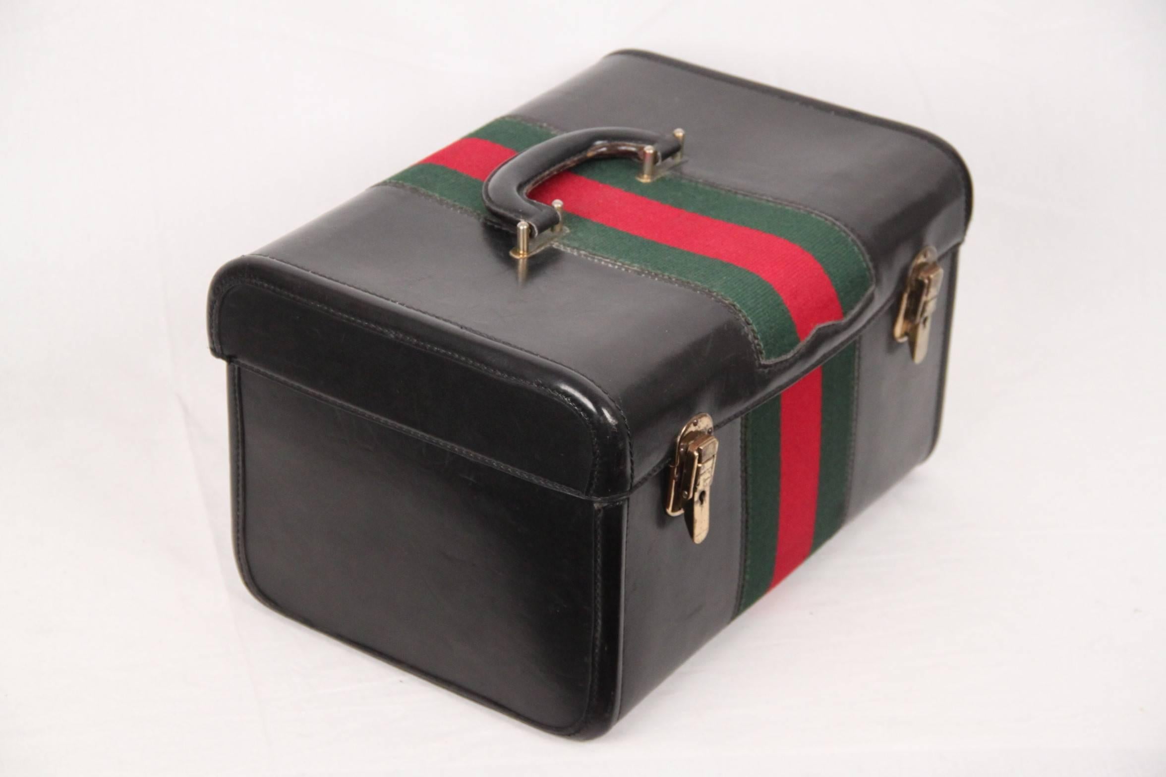 GUCCI VINTAGE Black Leather HARD TRAIN CASE Beauty w/ STRIPES For Sale ...