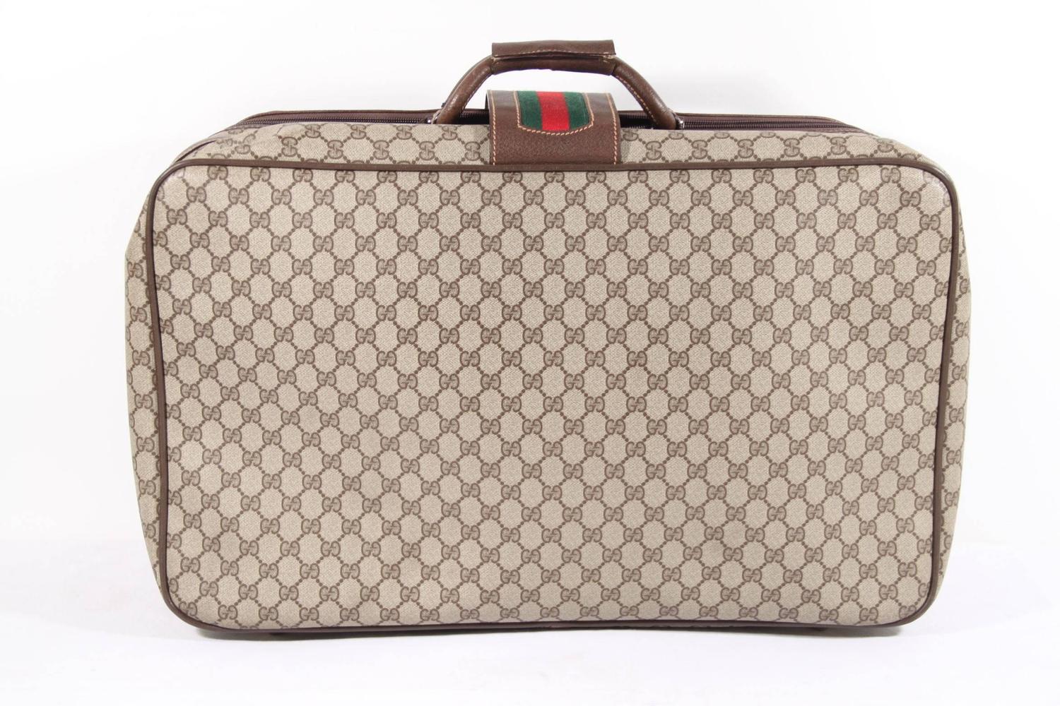 GUCCI Italian VINTAGE GG MONOGRAM Canvas SUITCASE Travel bag w/ STRIPES ...