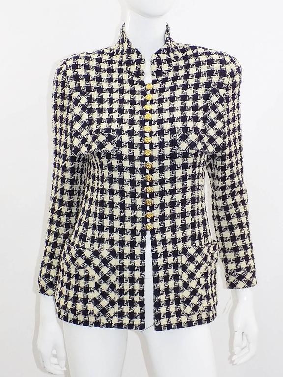 Chanel Vintage black and ivory Checker Jacket cc logo buttons at 1stDibs