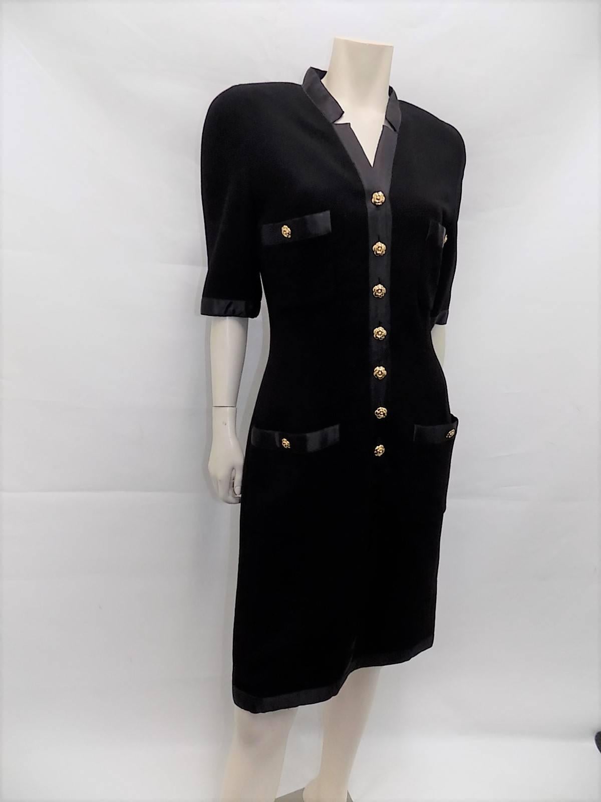 Chanel Black Tuxedo dress with Camellia Buttons at 1stDibs