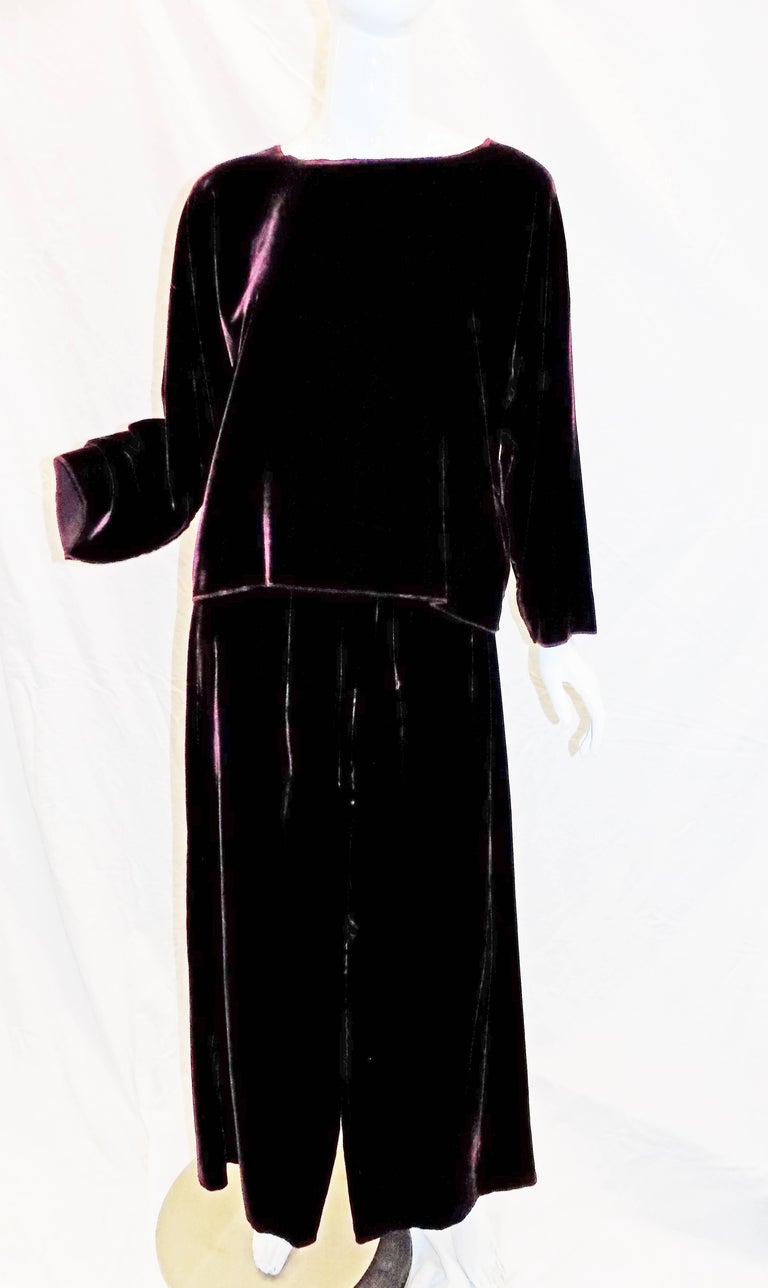 Burgundy Zoran silky velvet 3 pc jacket duster, blouse/top and pant set ...