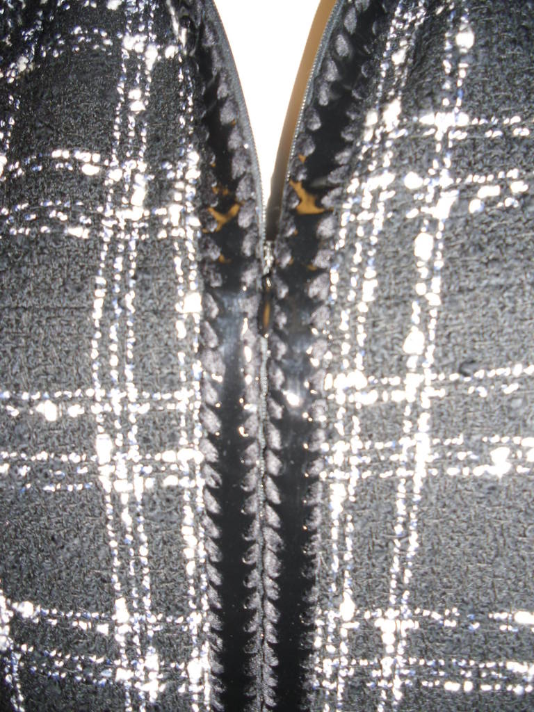 Chanel tweed black white checker dress with pin 07P sz 46 at 1stDibs