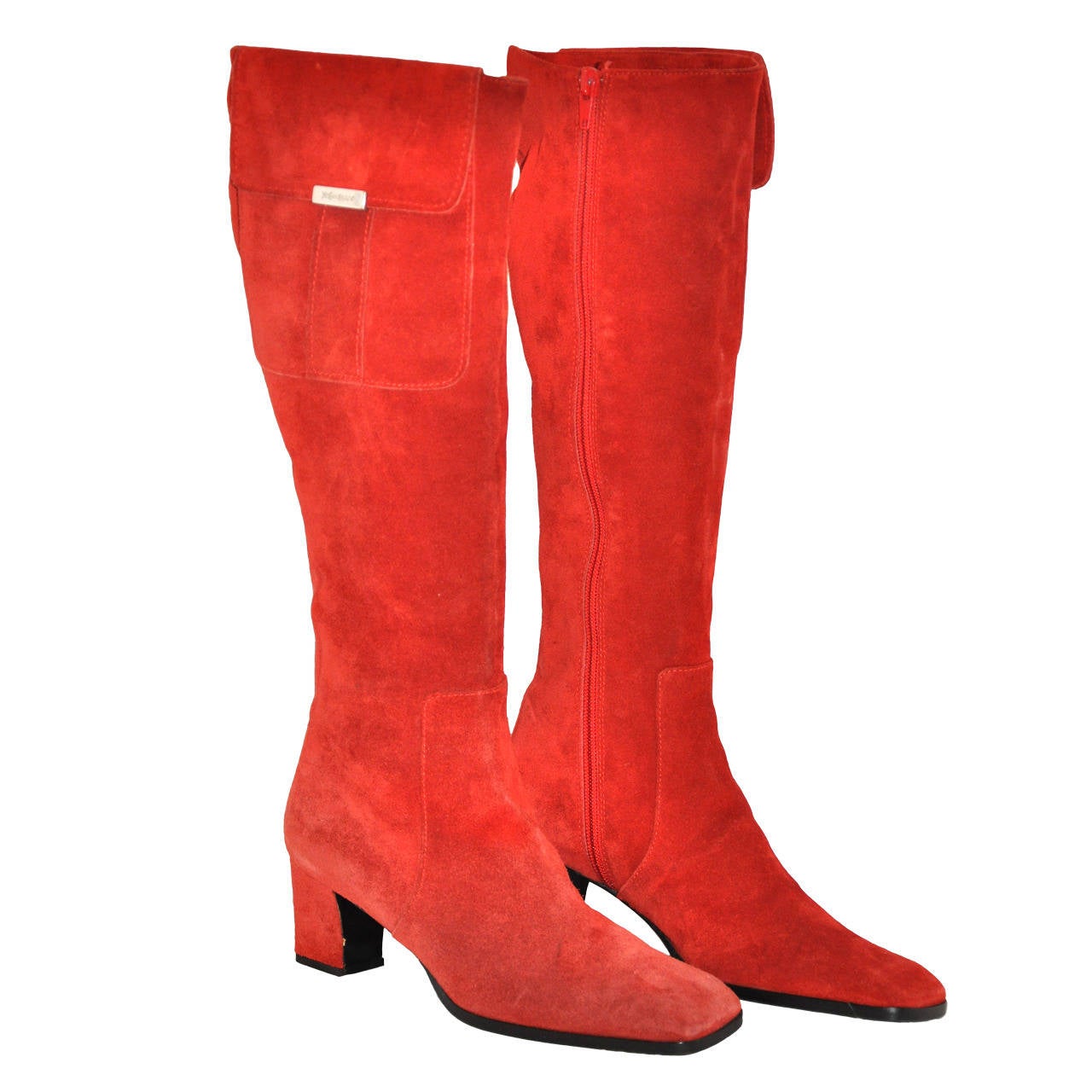 Yves Saint Laurent Bold Red Suede with Side Pocket High Boots at 1stDibs