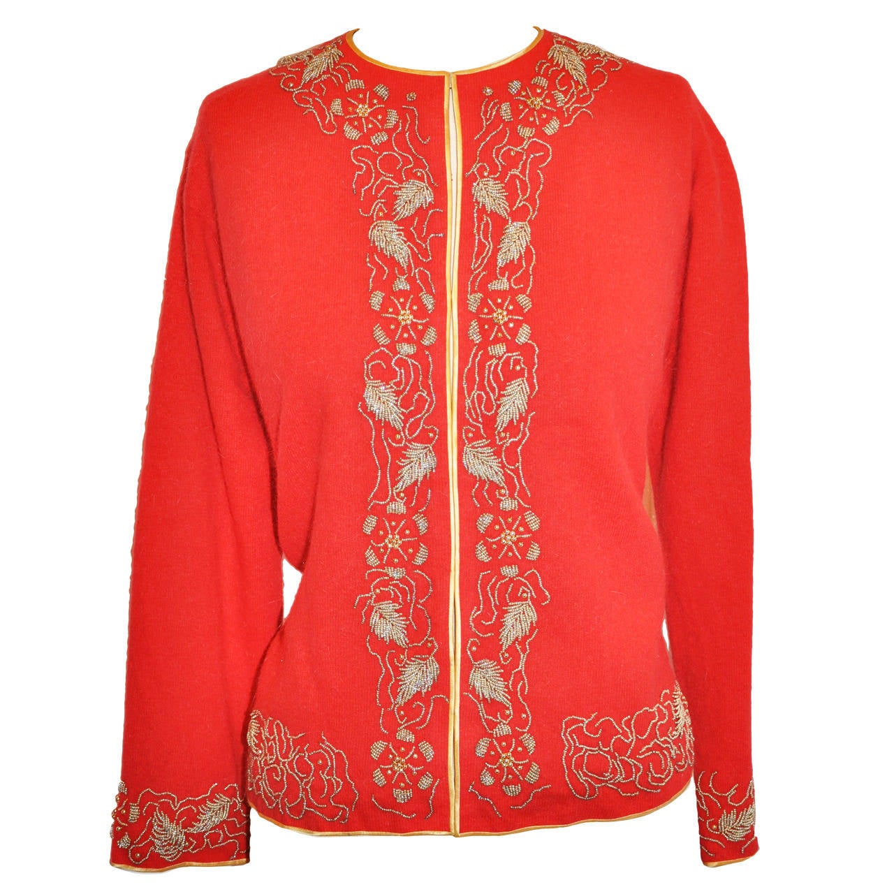 Bold Red Angora with Detailed Micro Seed Cardigan at 1stDibs