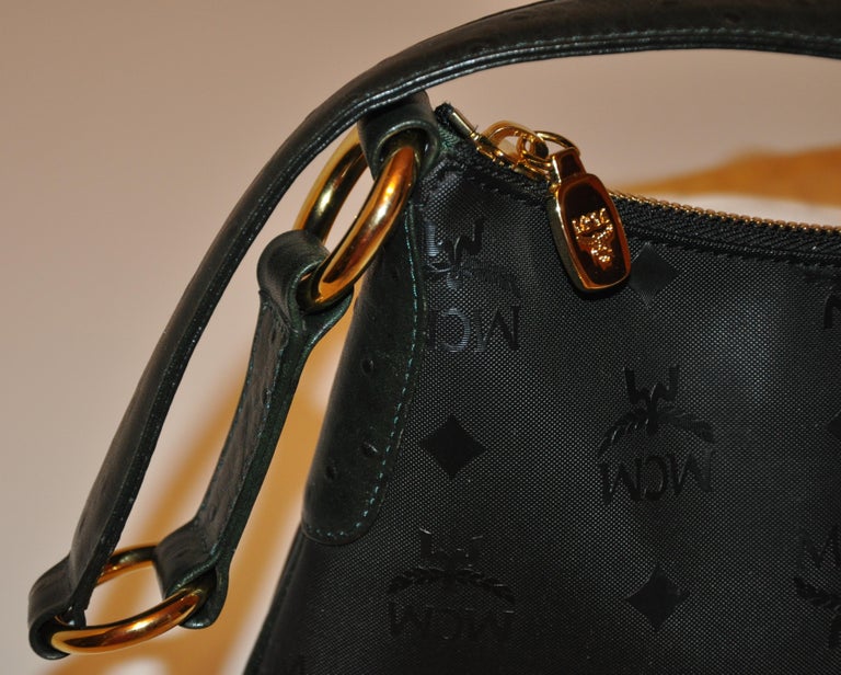 MCM Black Signature Monogram with Embossed Forest Green Ostrich ...