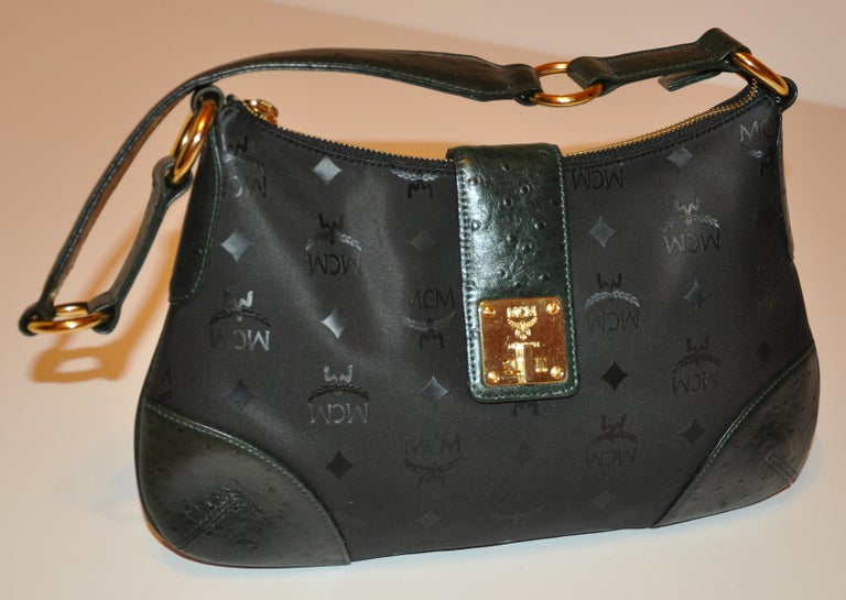 MCM Black Signature Monogram with Embossed Forest Green Ostrich ...
