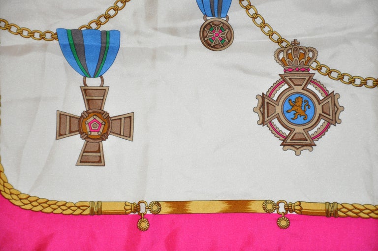 Fuchsia Border and Ivory with Multi-Color "Multi Royal Badges" Silk ...