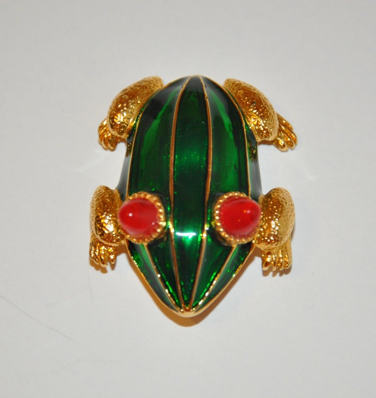 Kenneth Lane Rare Vivid Whimsical Green Enamel with Red Accent "Frog ...