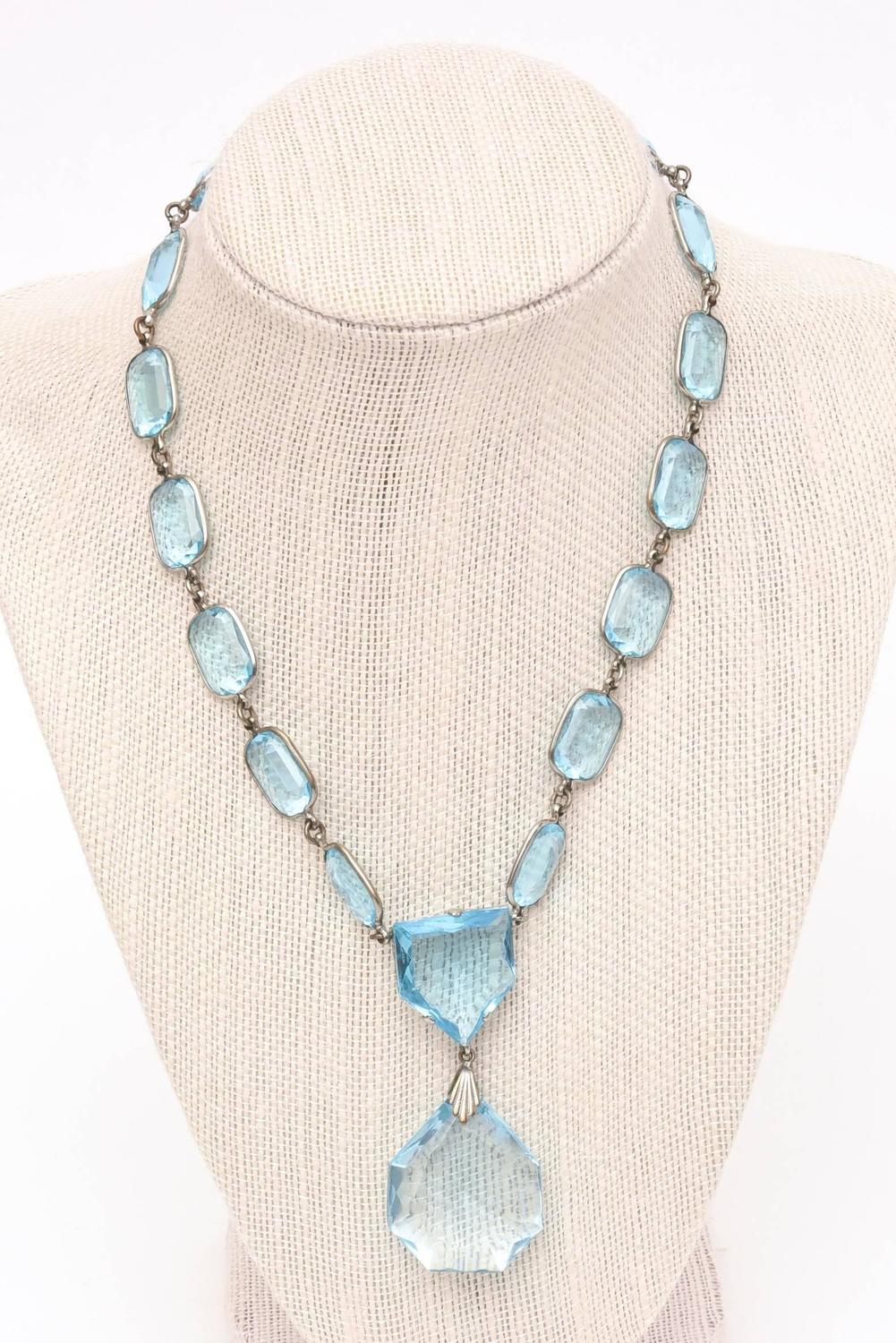 Faceted Glass Crystal Aquamarine Sterling Silver Pendant Necklace For