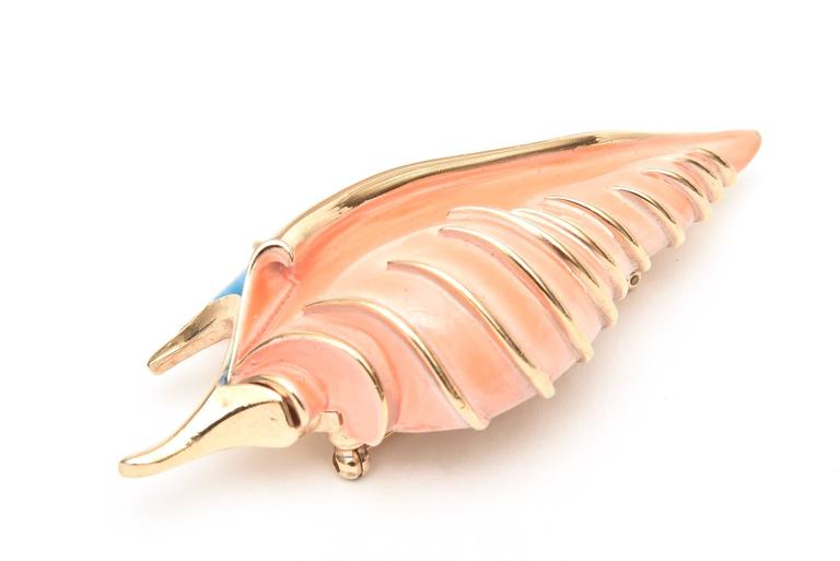 Trifari Enamel and Faux Pearl Conch Shell Brooch Pin Vintage at 1stDibs