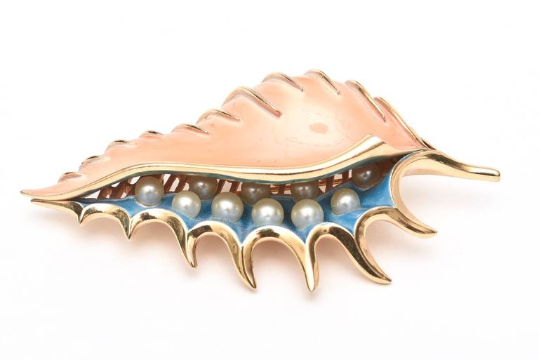 Trifari Enamel and Faux Pearl Conch Shell Brooch Pin Vintage For Sale ...
